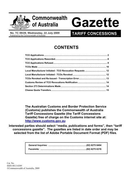 Commonwealth of Australia Gazette - Australian Customs Service Commonwealth of Australia Gazette - Australian Customs Service
