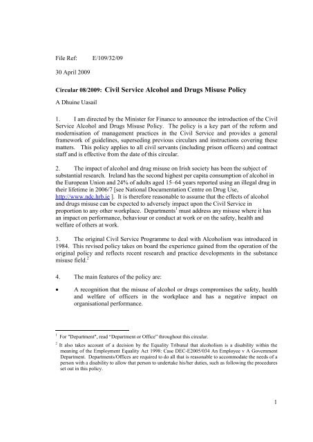 Civil Service Alcohol and Drugs Misuse Policy - Circulars