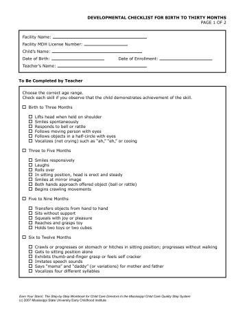 Developmental Checklist Birth to 5 Years