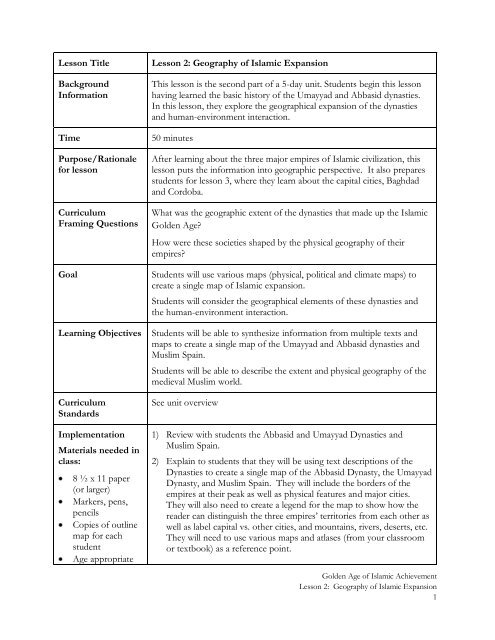 Lesson Title Lesson 2: Geography of Islamic Expansion Background ...