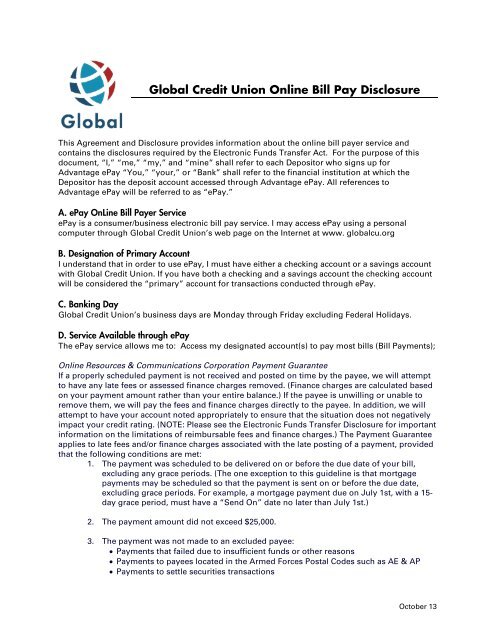 Global Credit Union Online Bill Pay Disclosure