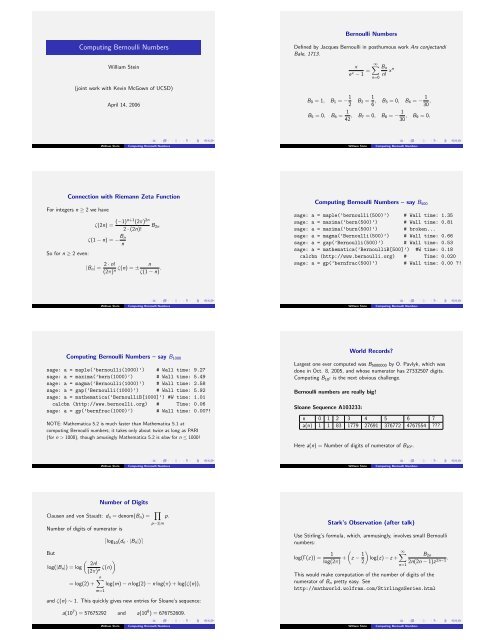 Computing Bernoulli Numbers William Stein