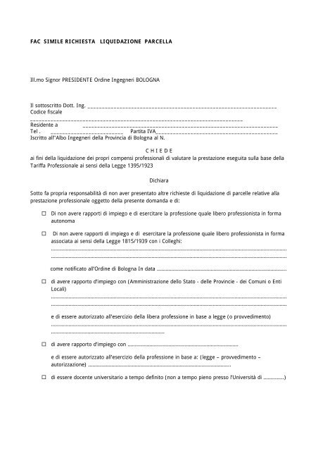 fac simile richiesta liquidazione parcella - Ordine degli Ingegneri ...