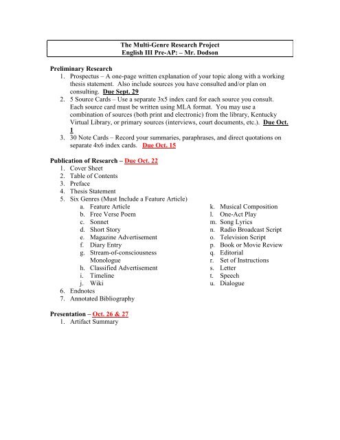 The Multi-Genre Research Project English III Pre-AP: â Mr. Dodson ...