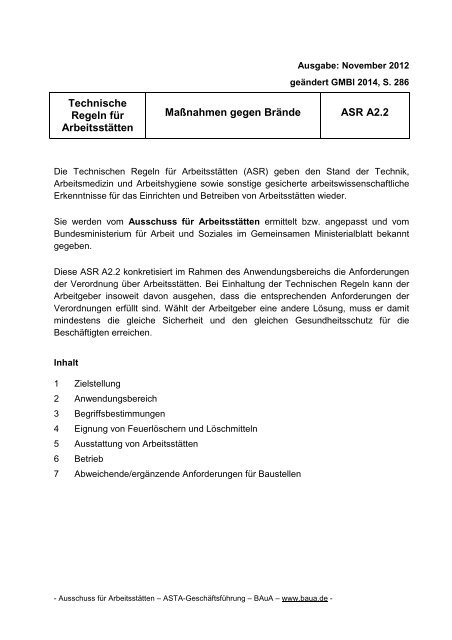 Technische Regeln für Arbeitsstätten Maßnahmen gegen Brände ASR A2.2 neu