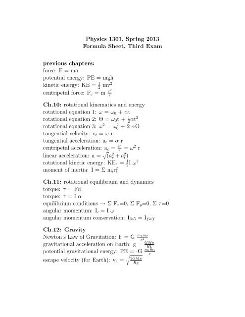 Physics 1301, Spring 2013 Formula Sheet, Third Exam previous ...