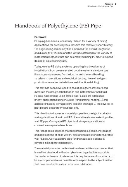 Handbook of Polyethylene (PE) Pipe - Forward - Plastics Pipe Institute