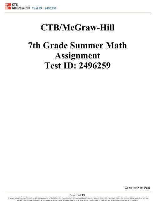 CTB/McGraw-Hill 7th Grade Summer Math Assignment ... - Is34.org