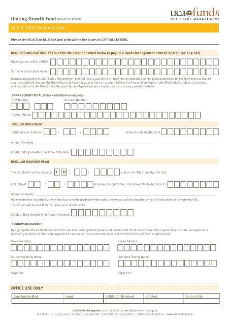 Direct Debit Request Form - UCA Funds Management