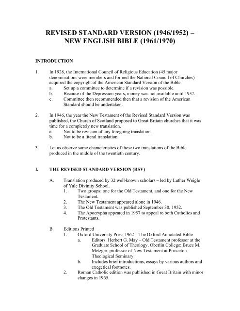 revised standard version (1946/1952) â€“ new english bible (1961/1970)