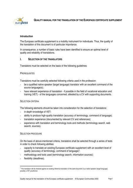 Introduction The Europass certificate supplement is a mobility ...