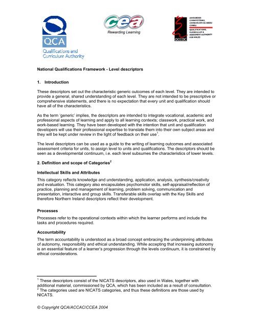 National Qualifications Framework - Level descriptors