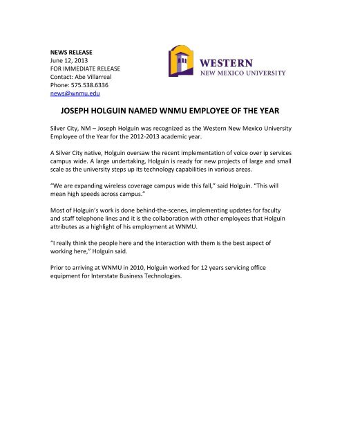 JOSEPH HOLGUIN NAMED WNMU EMPLOYEE OF THE YEAR
