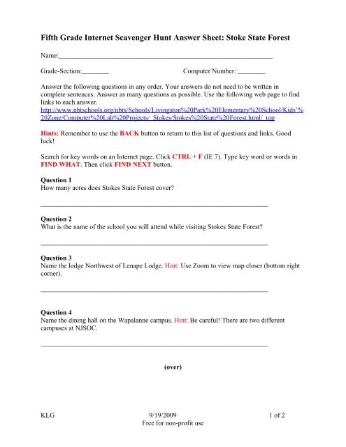 Fifth Grade Internet Scavenger Hunt Answer Sheet: Stoke State Forest