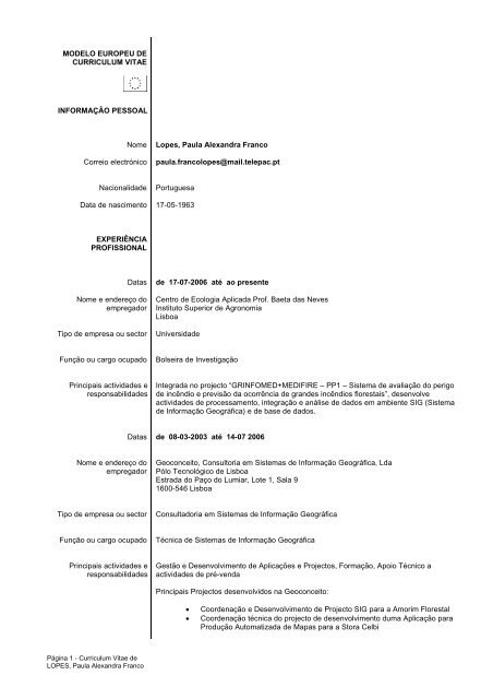 MODELO EUROPEU DE CURRICULUM VITAE INFORMAÃ Ã O ...