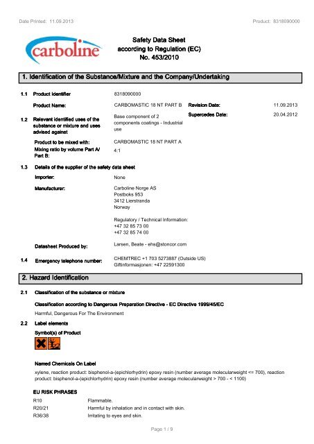 safety data sheet carbomastic 18 nt part b - Carboline