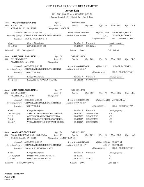 CEDAR FALLS POLICE DEPARTMENT Arrest Log