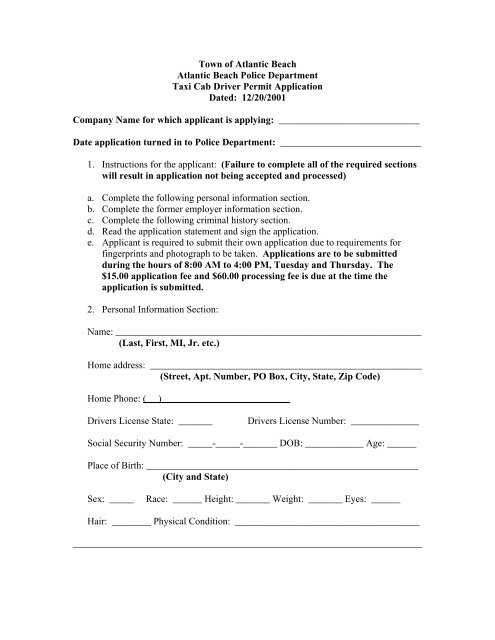 Taxi Cab Driver Permit Application - Atlantic Beach