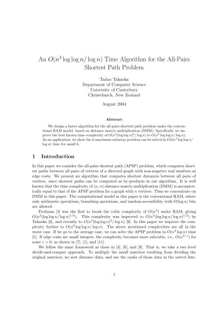 Time Algorithm For The All Pairs Shortest Path Problem University Of