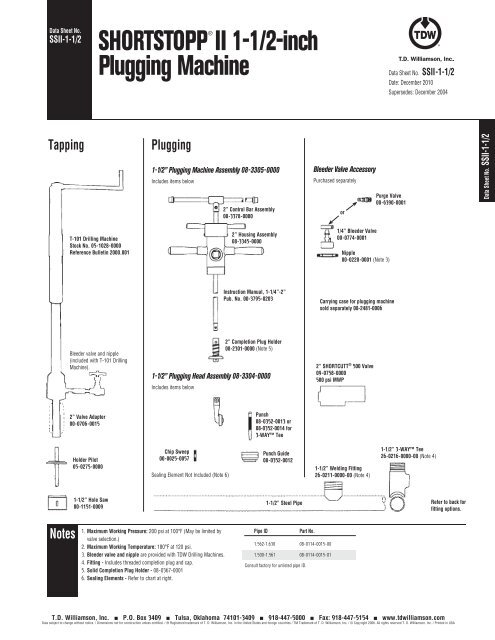 SHORTSTOPPÂ® II 1 1/2" Data Sheet - T.D. Williamson, Inc.