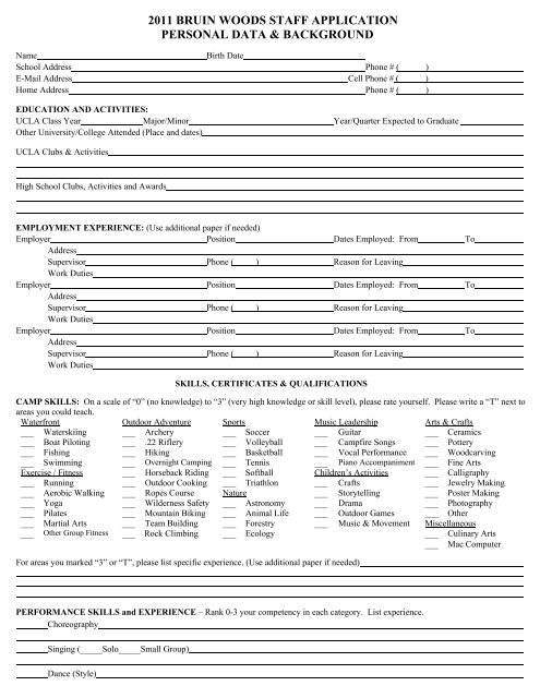 2011 bruin woods staff application personal data & background