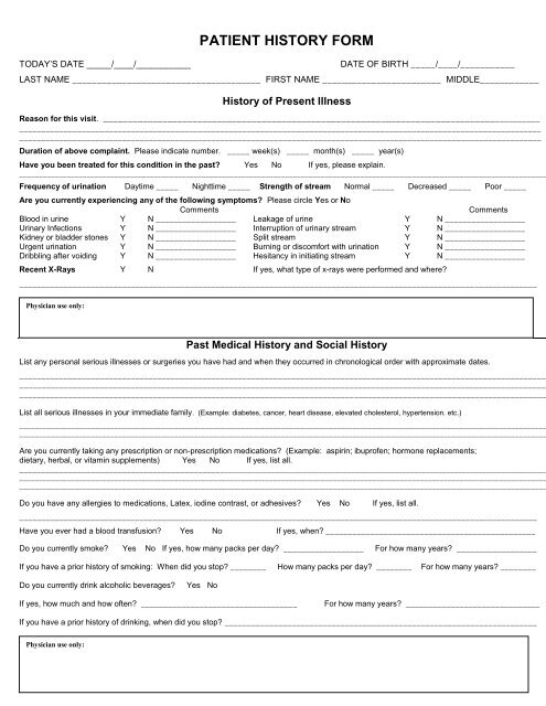 History Form - Urology Specialists, SC