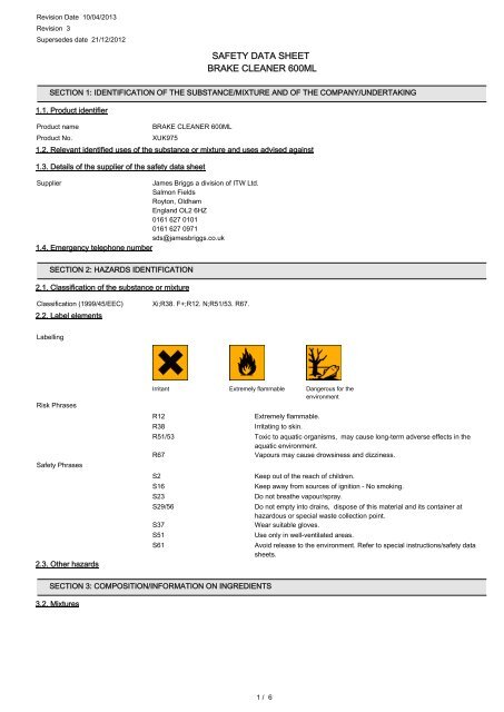 SAFETY DATA SHEET BRAKE CLEANER 600ML - Saxon Brands