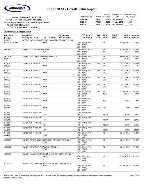 CESCOM 10 - Aircraft Status Report - Advantage Aircraft Sales