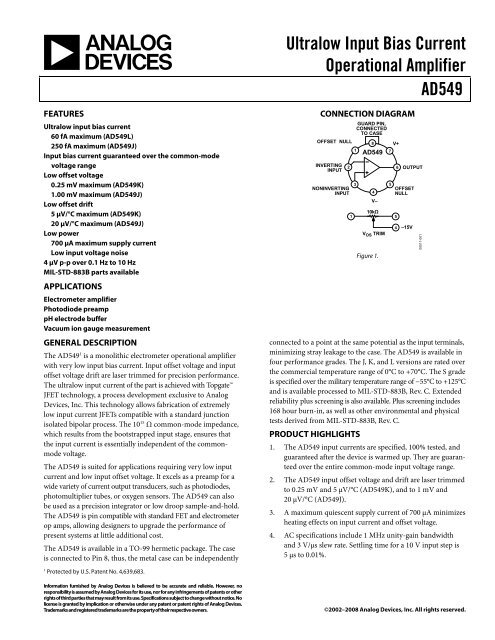 AD549 Ultralow, Input Bias Current Operational Amplifier Data Sheet