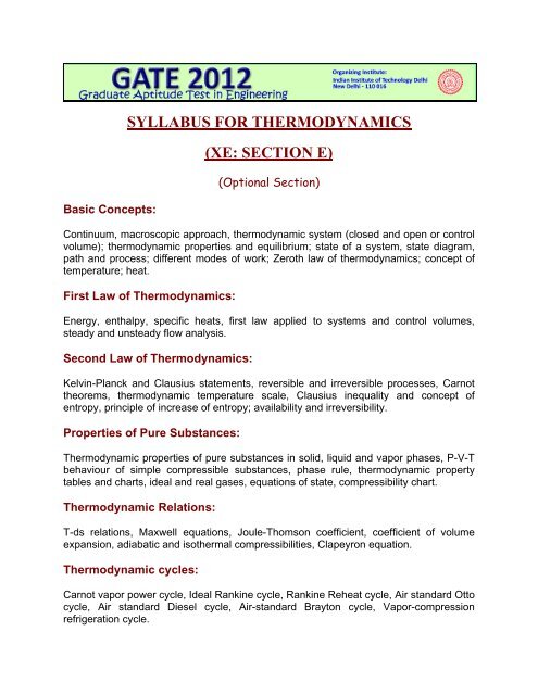 SYLLABUS FOR THERMODYNAMICS (XE: SECTION E) - Gate