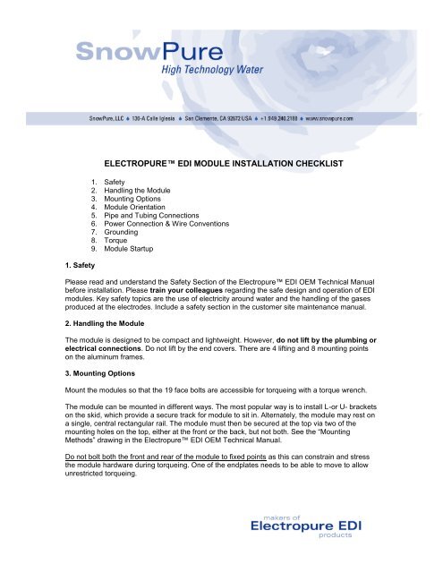 Module Installation Checklist - SnowPure