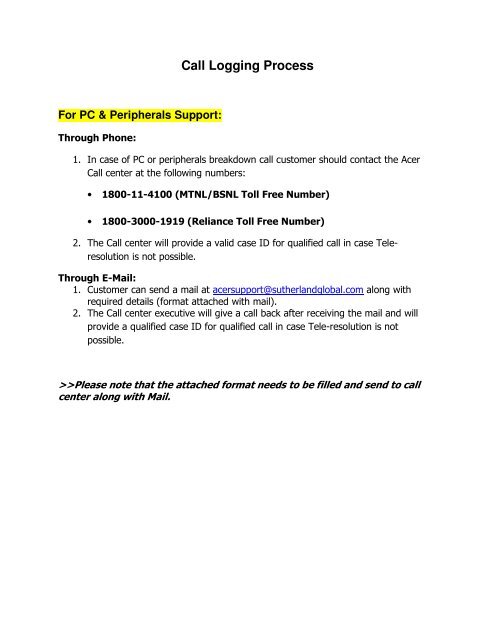 ACER Call Logging Process - Agmarknet