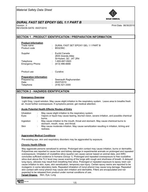 Dural Fast Set Epoxy Gel MSDS - Canada (Part B) - Euclid Chemical ...