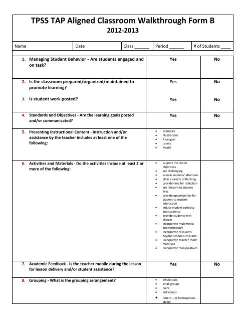 TPSS TAP Aligned Classroom Walkthrough Form B 2012-2013 TPSS TAP Aligned Classroom Walkthrough Form B 2012-2013