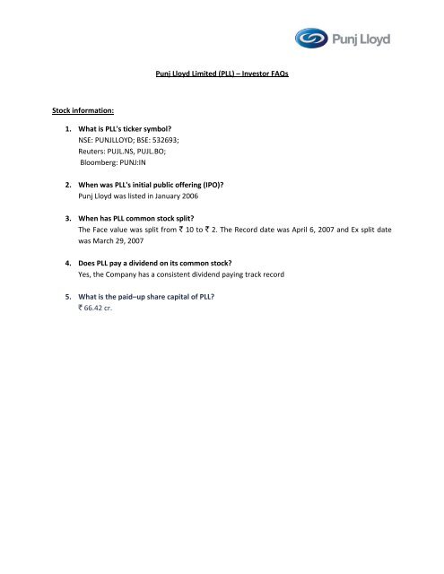 Punj Lloyd Limited (PLL) â Investor FAQs - Punj Lloyd Group