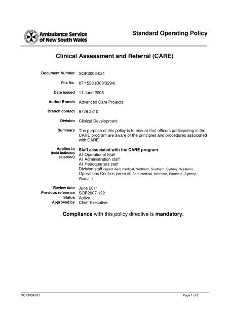 Standard Operating Policy Clinical Assessment and Referral (CARE)