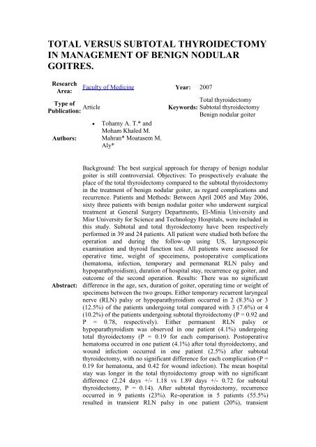 total versus subtotal thyroidectomy in management of benign ...