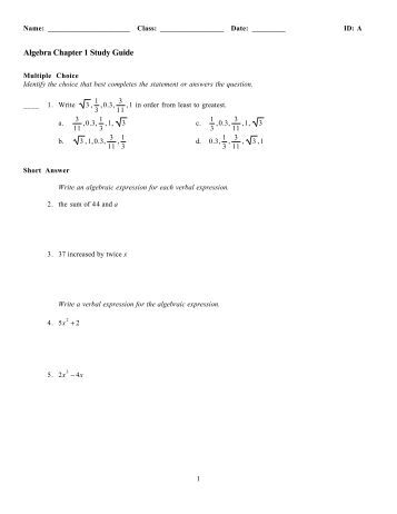 Algebra 1 Placement Exam Study Guide - Grand Prairie ...