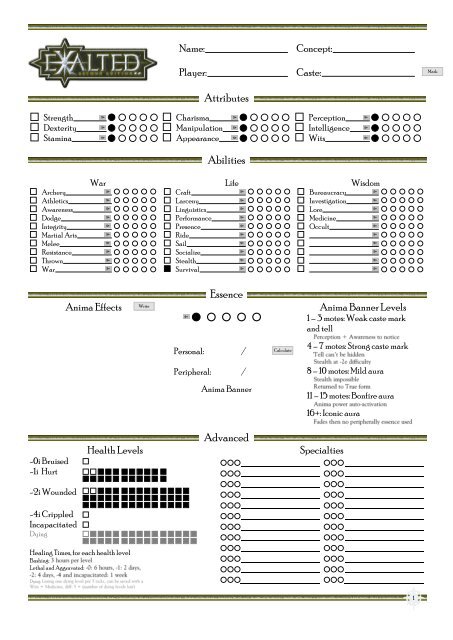 The complete character sheet - Standard - Exalted, character sheets