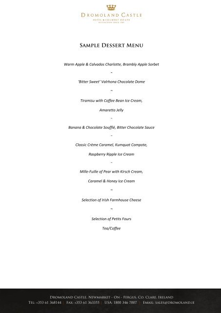 SAMPlE DESSERt MENU - Dromoland Castle Hotel