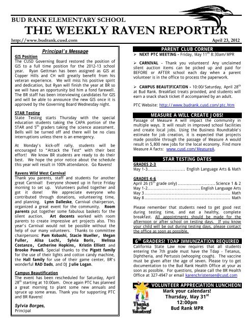 THE WEEKLY RAVEN REPORTER - Bud Rank Elementary School