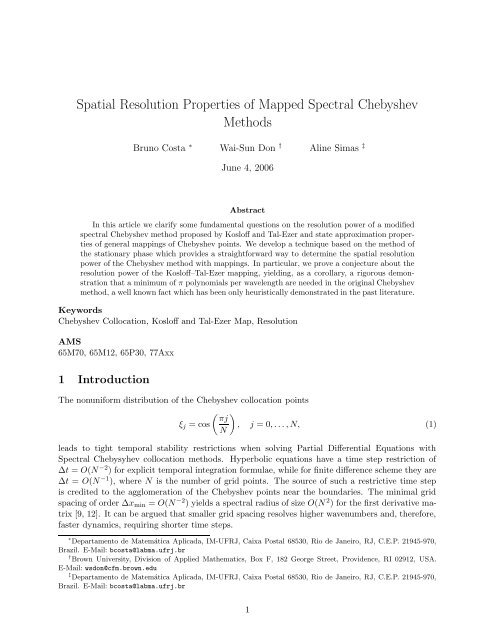 Spatial Resolution Properties of Mapped Spectral Chebyshev Methods Spatial Resolution Properties of Mapped Spectral Chebyshev Methods