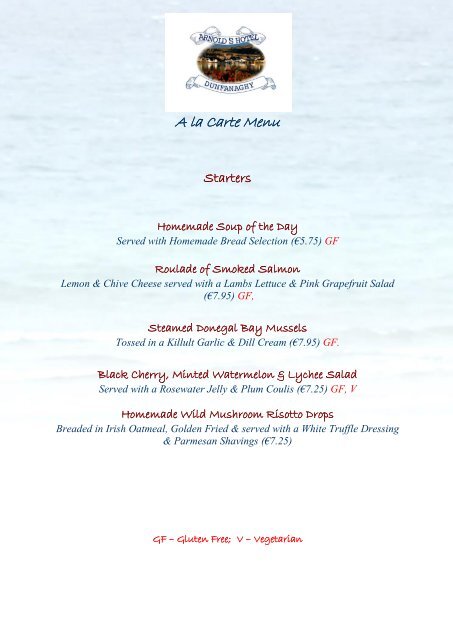 Starters A la Carte Menu - Arnolds Hotel