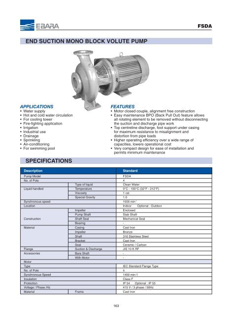 end suction mono block volute pump specifications - Ebara