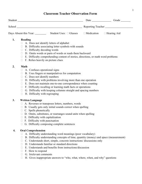Classroom Teacher Observation Form - Fentress County Schools