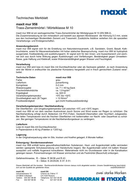 Technisches Merkblatt maxit mur 958 Trass-Zementmörtel ...