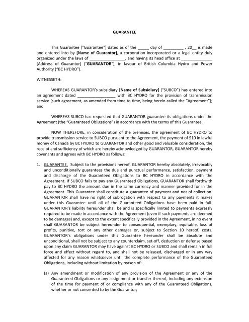 SAMPLE FORM OF GUARANTEE - BC Hydro - Transmission