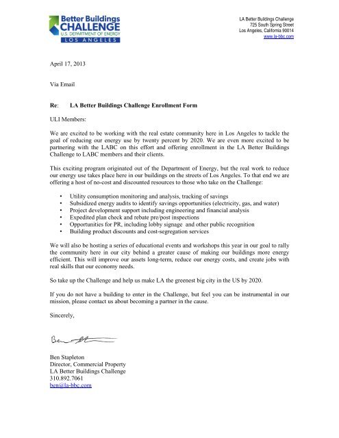 Sample outreach letter to ULI members - Department of Energy