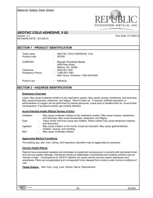 GEOTAC COLD ADHESIVE, 5 GL - Republic Powdered Metals