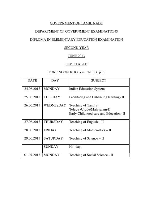 Diploma in Elementary Education : Examination Time Table